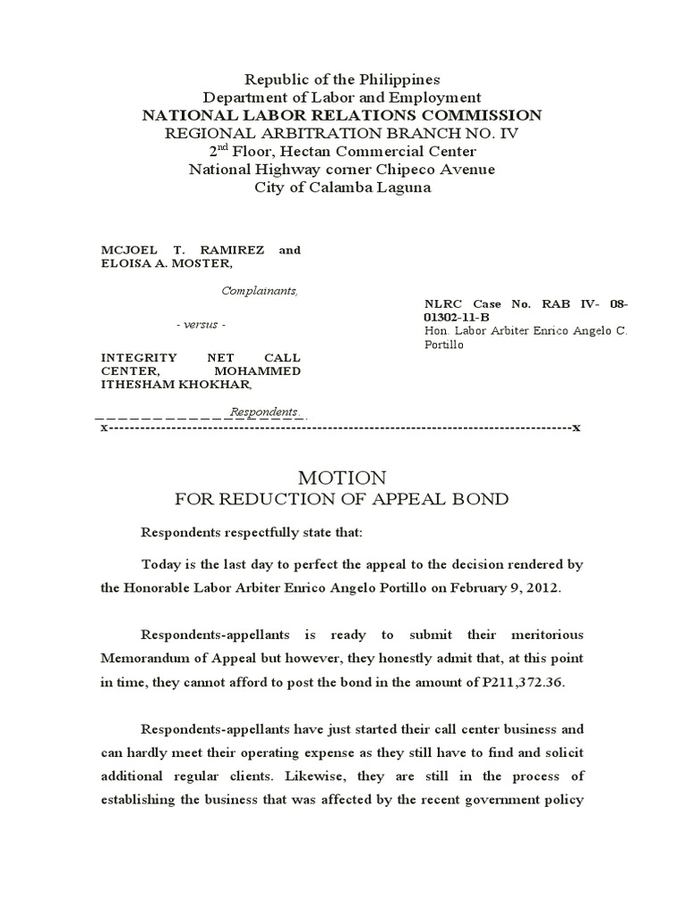 Motion to Reduce Appeal Bond | PDF | Arbitration | Judiciaries