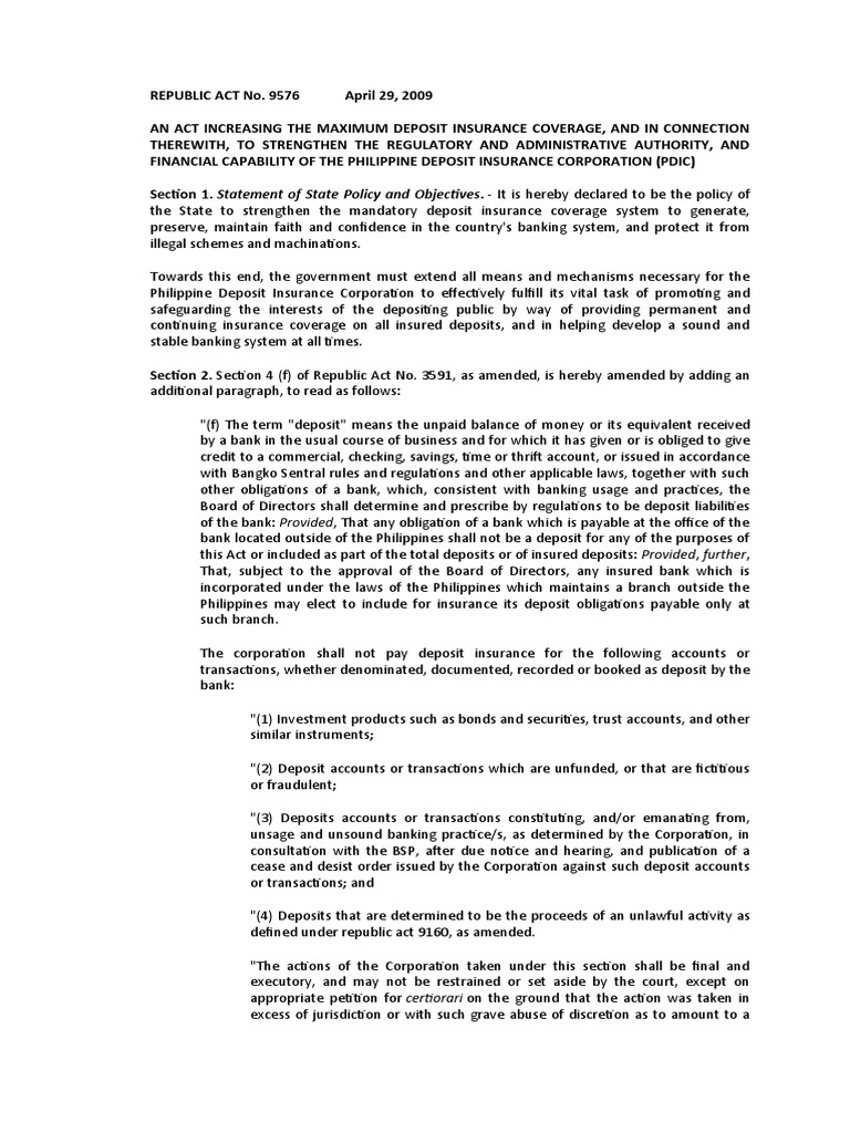 PDIC Law | PDF | Deposit Insurance | Deposit Account