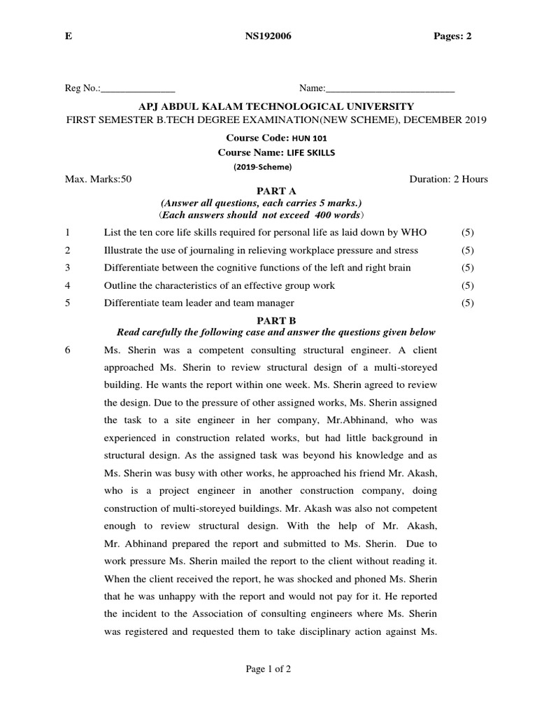 E NS192006 Pages: 2: (Answer All Questions, Each Carries 5 Marks.) Each ...