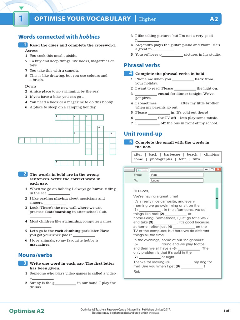 Optimise Your Vocabulary - A2: Words Connected With Hobbies | PDF ...