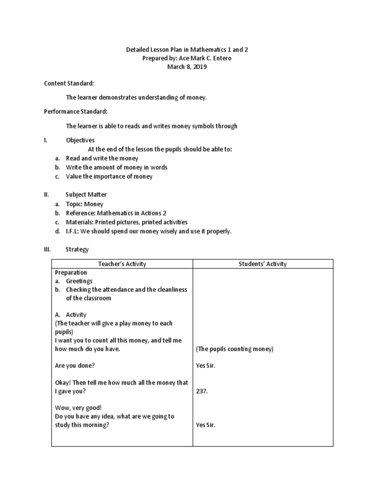 Grade 3 Money Lesson Plan | PDF | Lesson Plan | Teaching