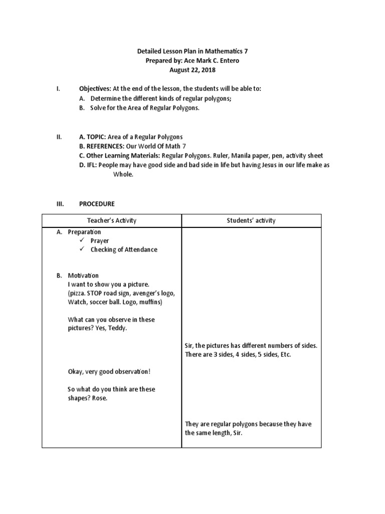 Detailed Lesson Plan in Mathematics 7 | PDF | Area | Polygon