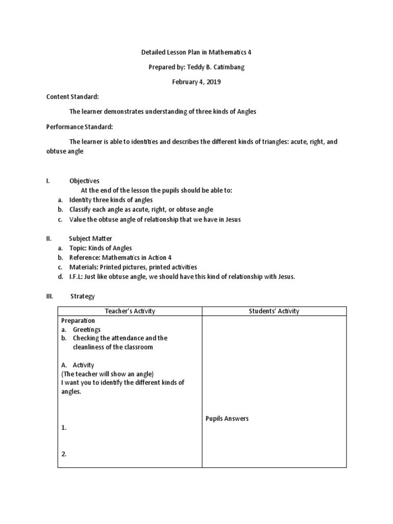 Detailed Lesson Plan in Mathematics 4 | PDF | Angle | Lesson Plan