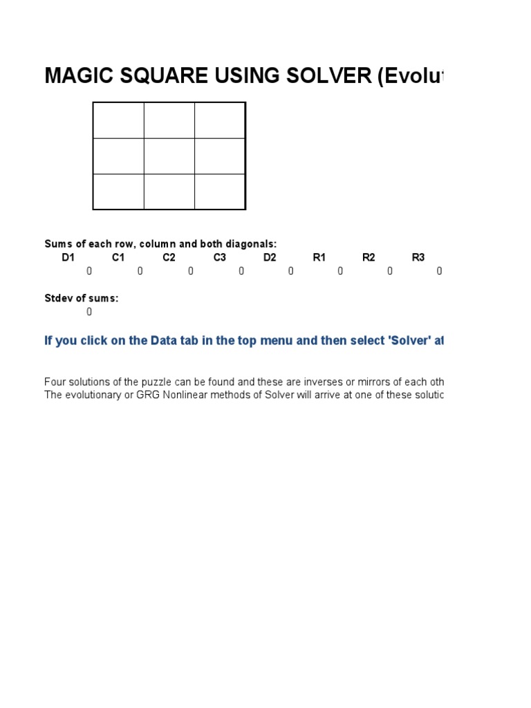 MAGIC SQUARE USING SOLVER (Evolutionary or GRG Nonlinear Methods) | PDF