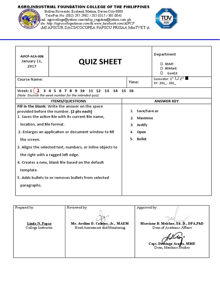 Quiz Sheet: Items/Questions Answer Key Fill in The Blank: Write The ...