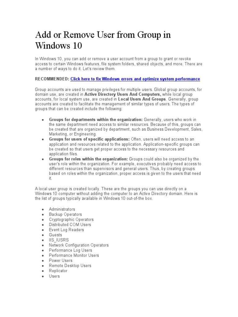 Add or Remove User From Group in Windows 10 | PDF | Windows 10 | Microsoft Windows