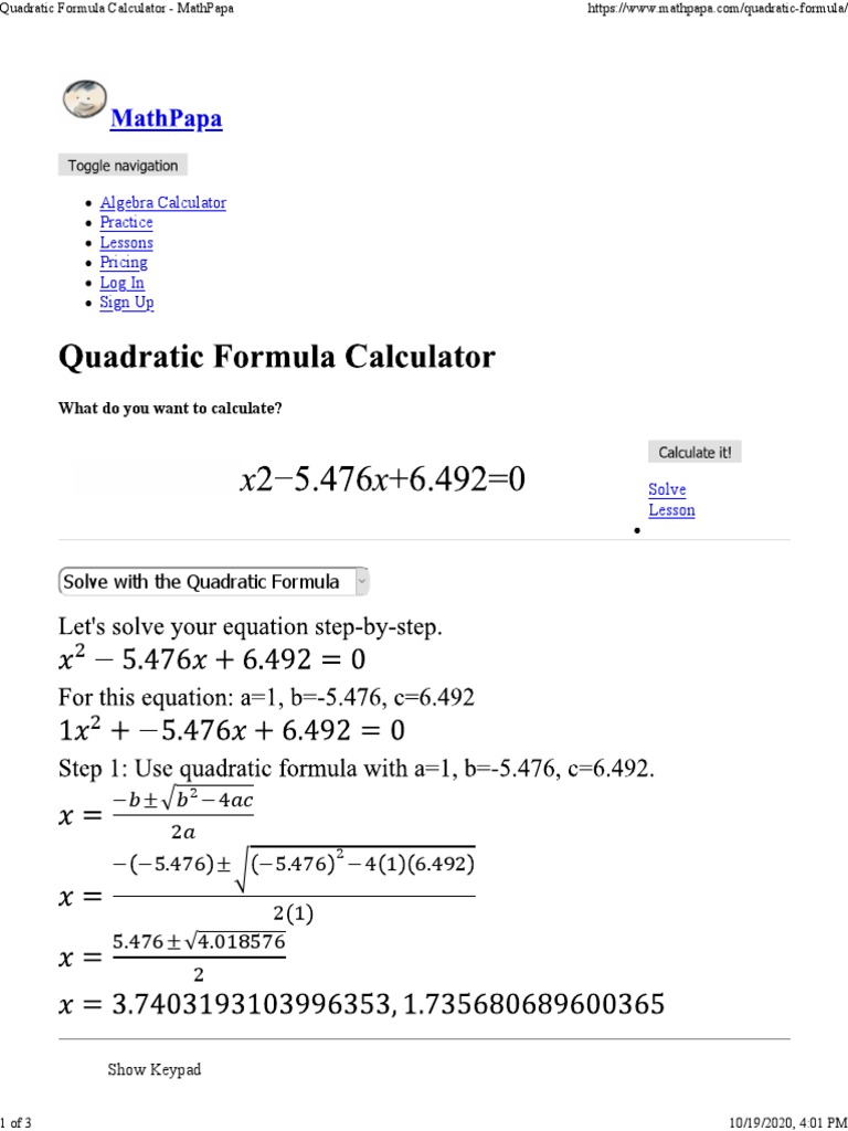 Quadratic Formula Calculator - MathPapa | PDF