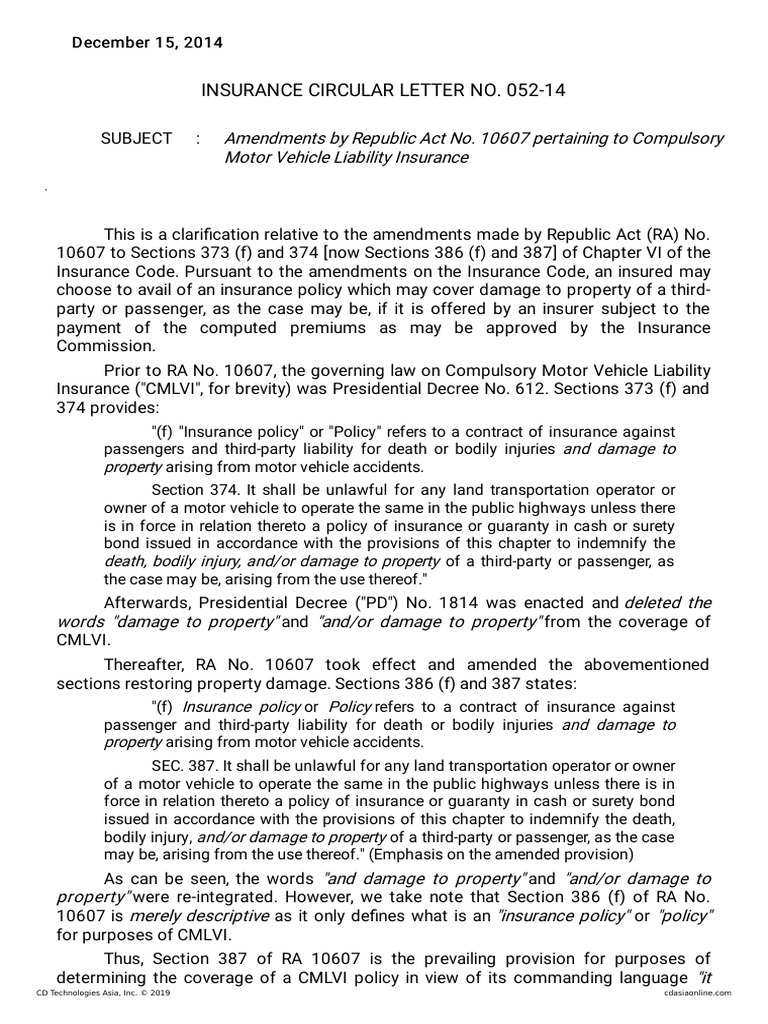 Insurance Circular Letter No. 052-14: CD Technologies Asia, Inc. © 2019 ...