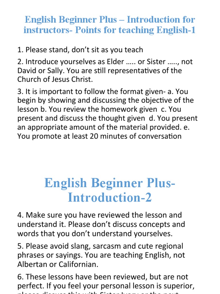 English Beginner Plus - Introduction For Instructors-Points For ...