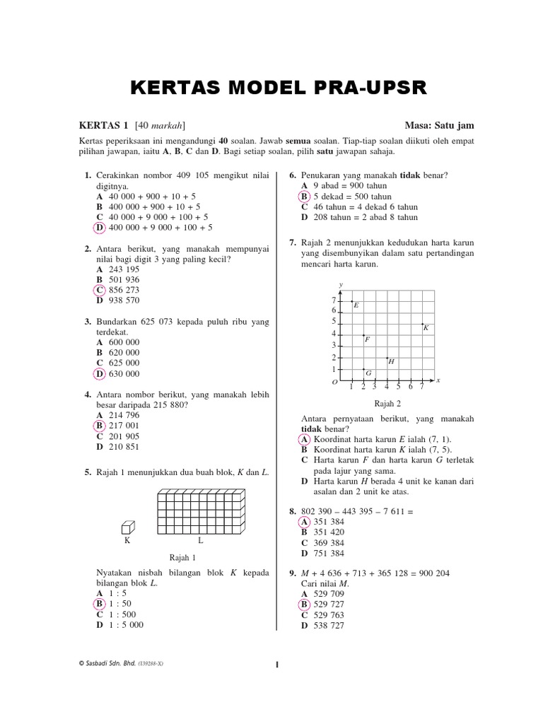 Jawapan Ekstra Kertas Model Pra Upsr Modul Aktiviti Pintar Cerdas Matematik Tahun 5 | PDF