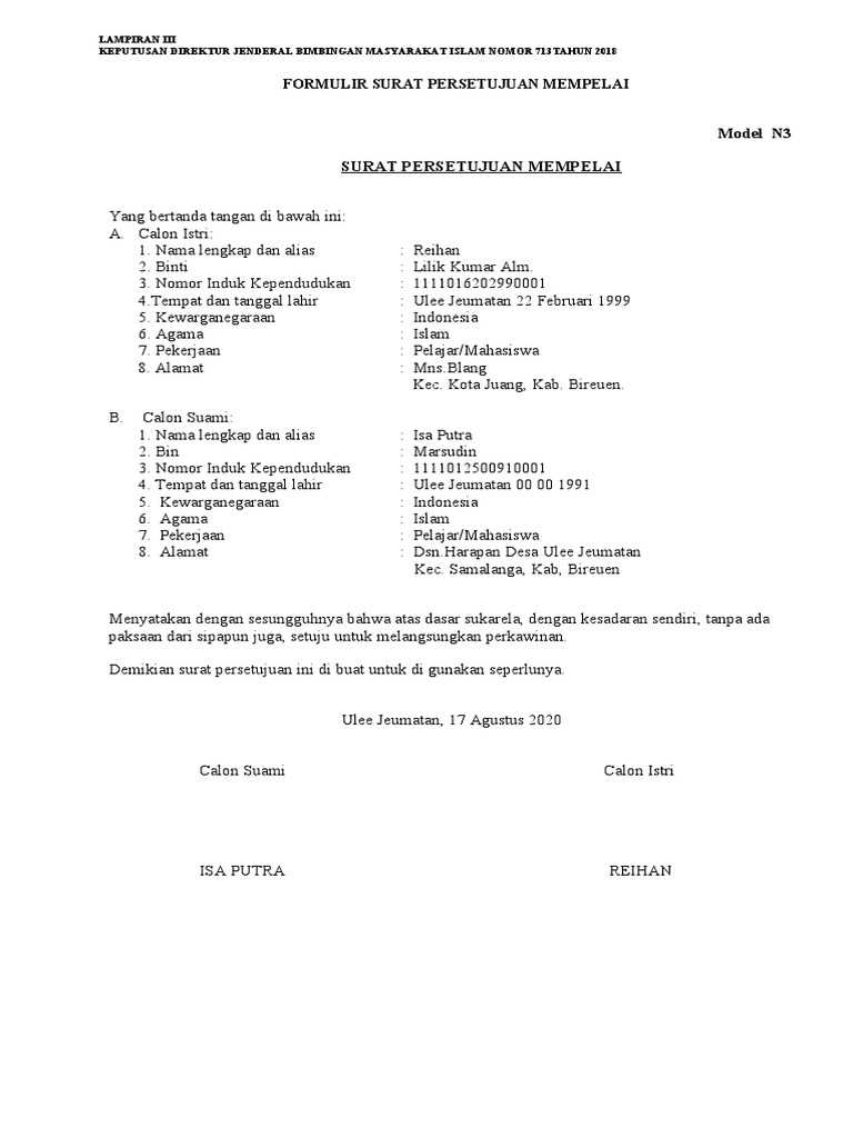 N3 Surat Persetujuan Mempelai | PDF