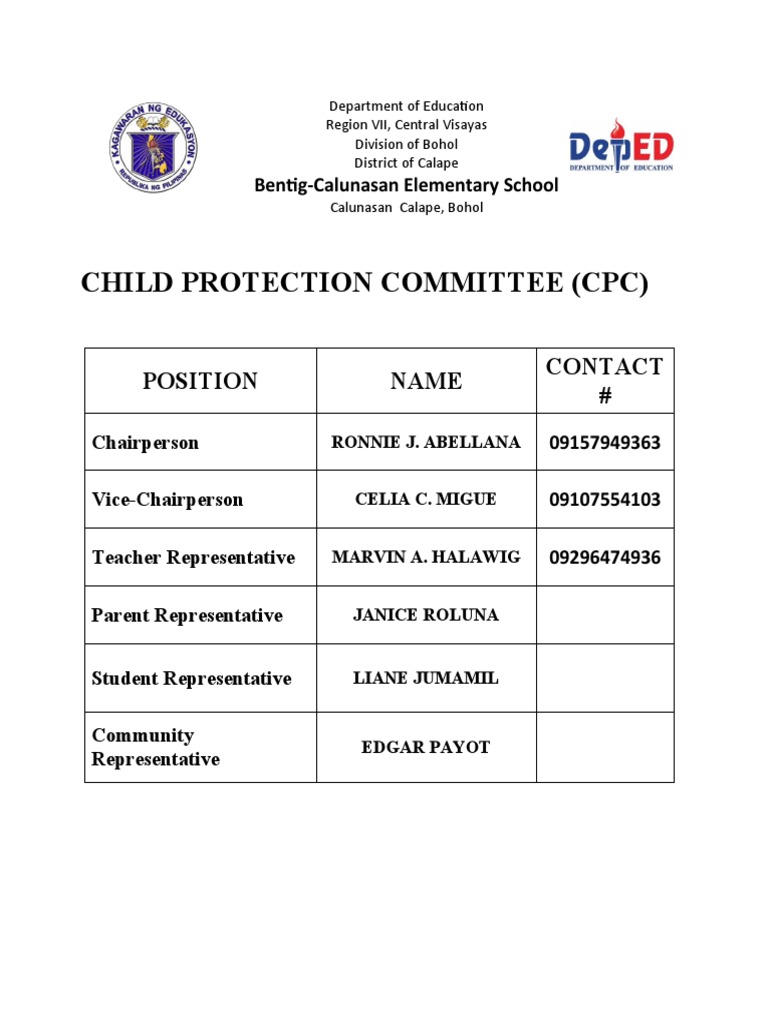 Child Protection Committee (CPC) : Position Name Contact # | PDF