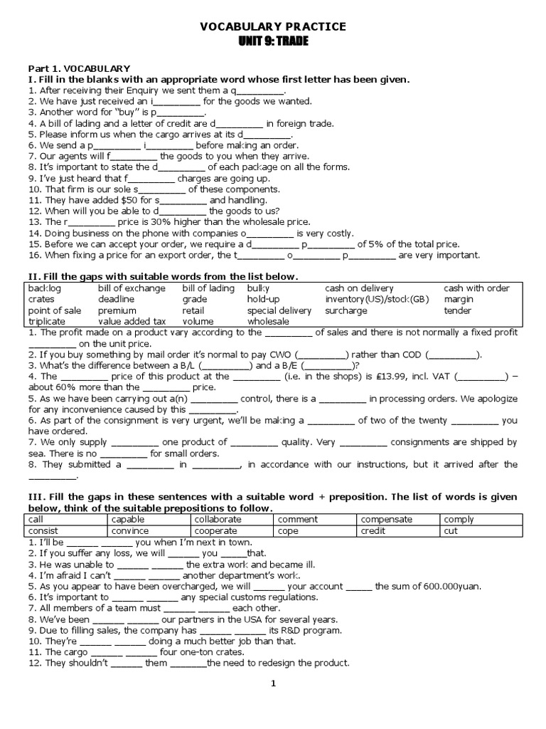 Unit 9: Trade: Vocabulary Practice | PDF | Cargo | Marketing