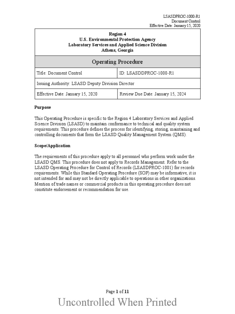 Uncontrolled When Printed: Operating Procedure | Download Free PDF ...