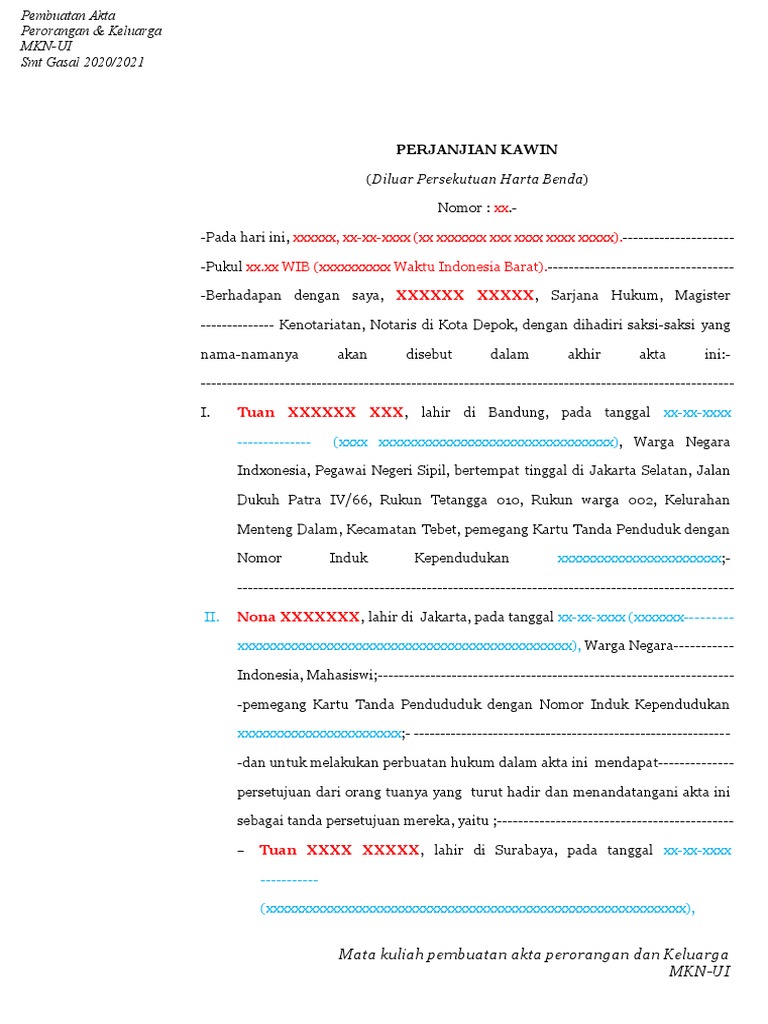 Contoh Perjanjian Kawin Notaris | PDF