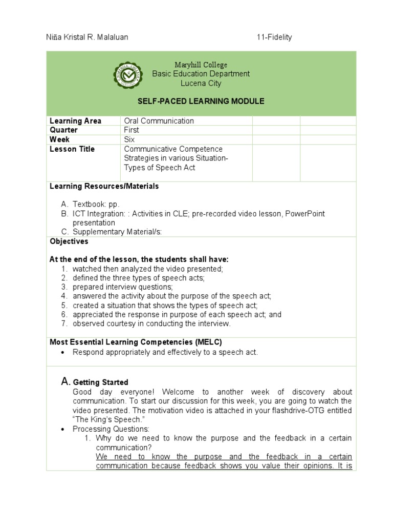 Self-Paced Learning Module Learning Area Quarter Week Lesson Title ...