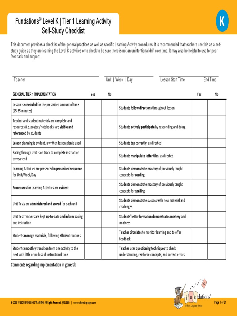 Level K Tier 1 Learning Activity Self-Study Checklist PDF | PDF ...