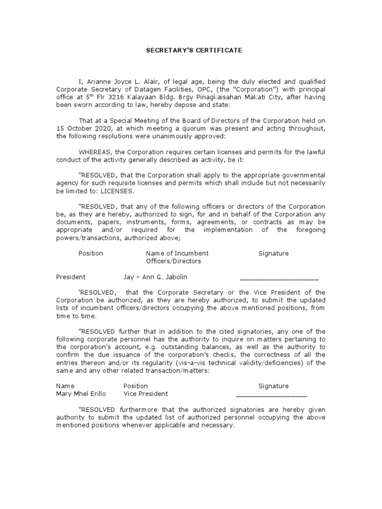 Sec Cert For Business Permit | PDF | Government | Government Information