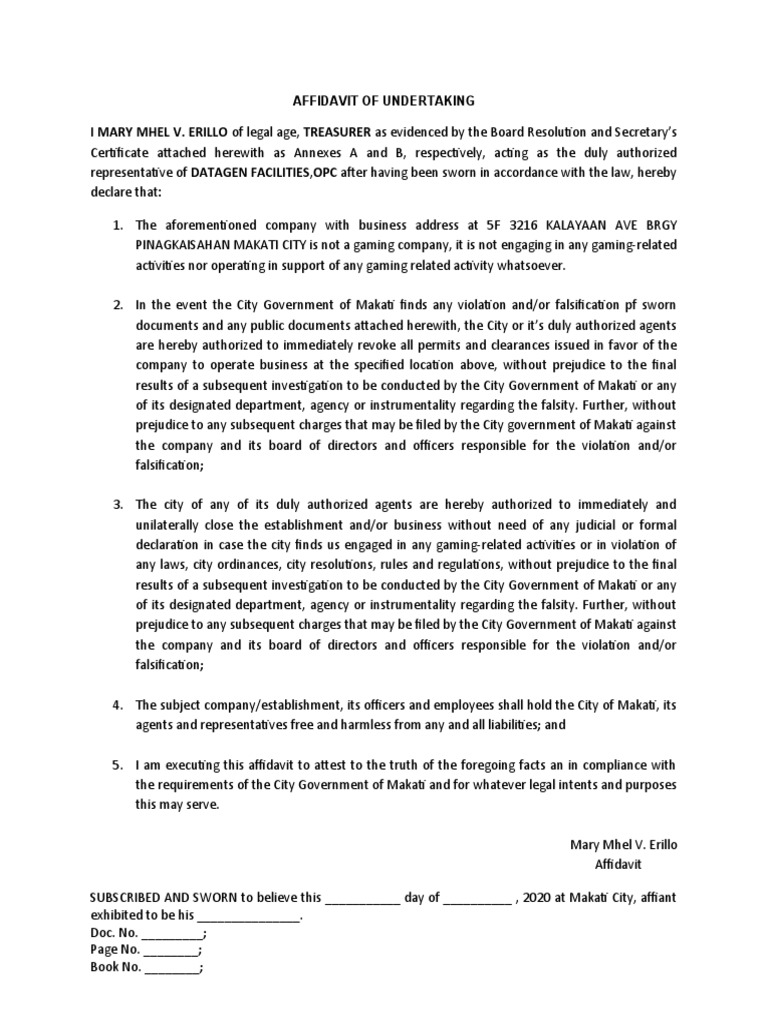 Affidavit of Undertaking | PDF | Affidavit | Public Law