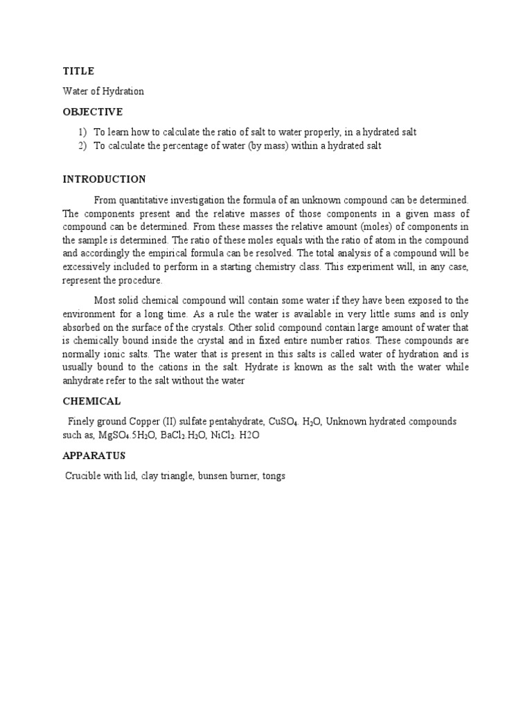 Lab Report 2 Water of Hydration | PDF | Chemical Compounds | Salt ...