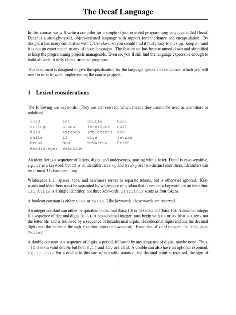 The Decaf Language: 1 Lexical Considerations | PDF | Class (Computer Programming) | Inheritance ...