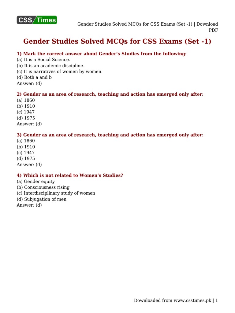 Gender Studies Solved MCQs For CSS Exams (Set - 1) - Download PDF | PDF