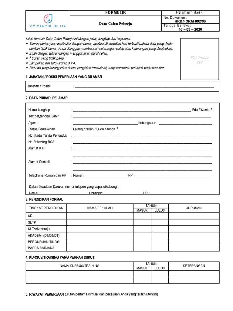 Formulir Data Calon Pekerja HRD | PDF