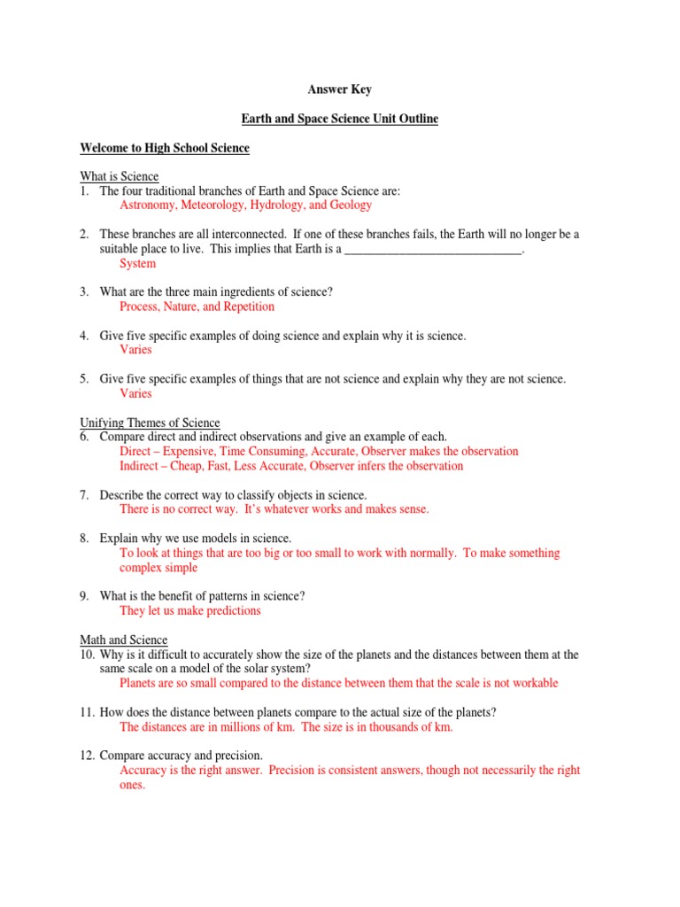 Answer Key Earth and Space Science Unit Outline Welcome To High School ...