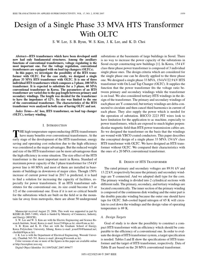 Design of A Single Phase 33 MVA HTS Transformer With OLTC With Tertiary ...