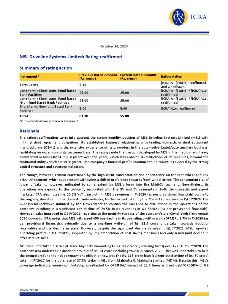 MSL Driveline Systems - R - 16102020 | PDF | Credit Rating Agency | Debt