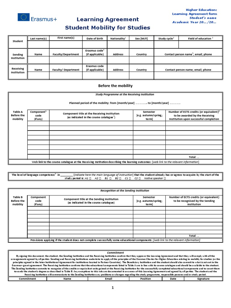 Learning Agreement Student Mobility For Studies | PDF | Academic Degree | Cognition