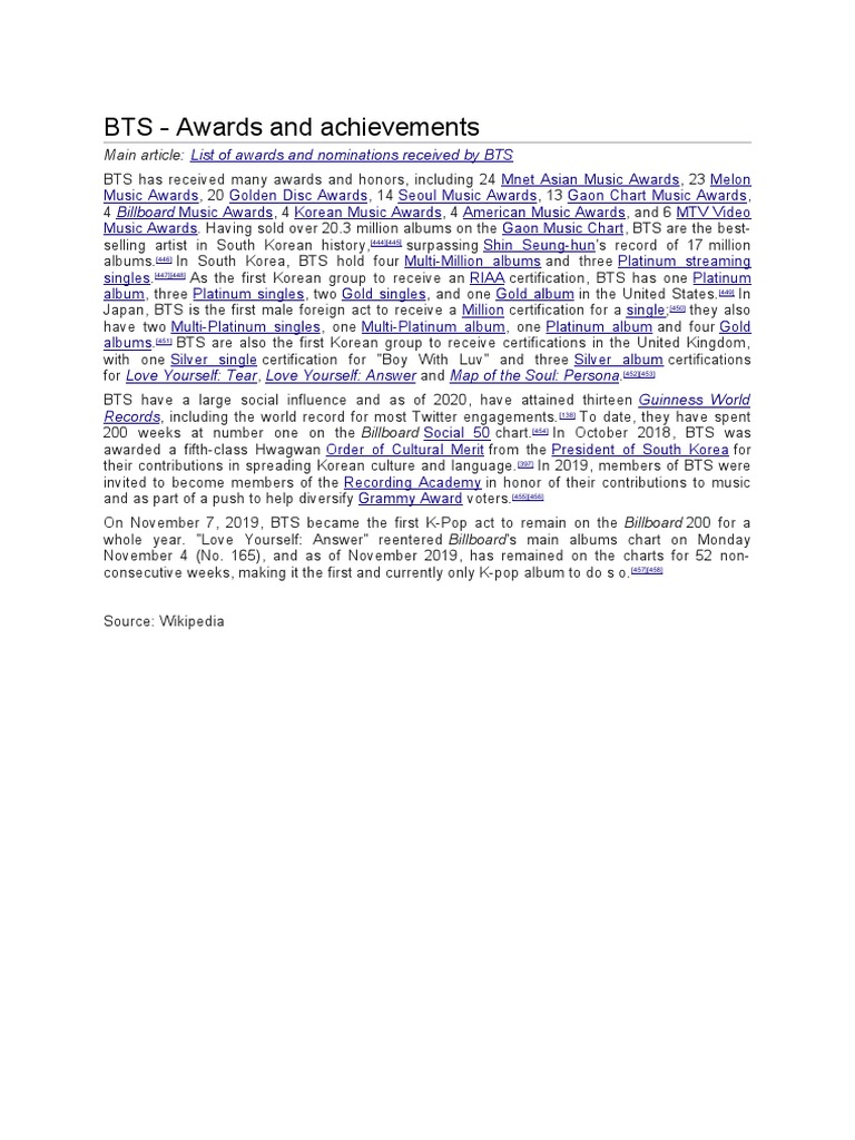 BTS Awards and Achievements Overview | PDF