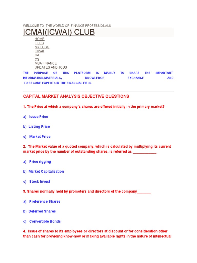 Icmai (Icwai) Club: Capital Market Analysis Objective Questions | PDF ...