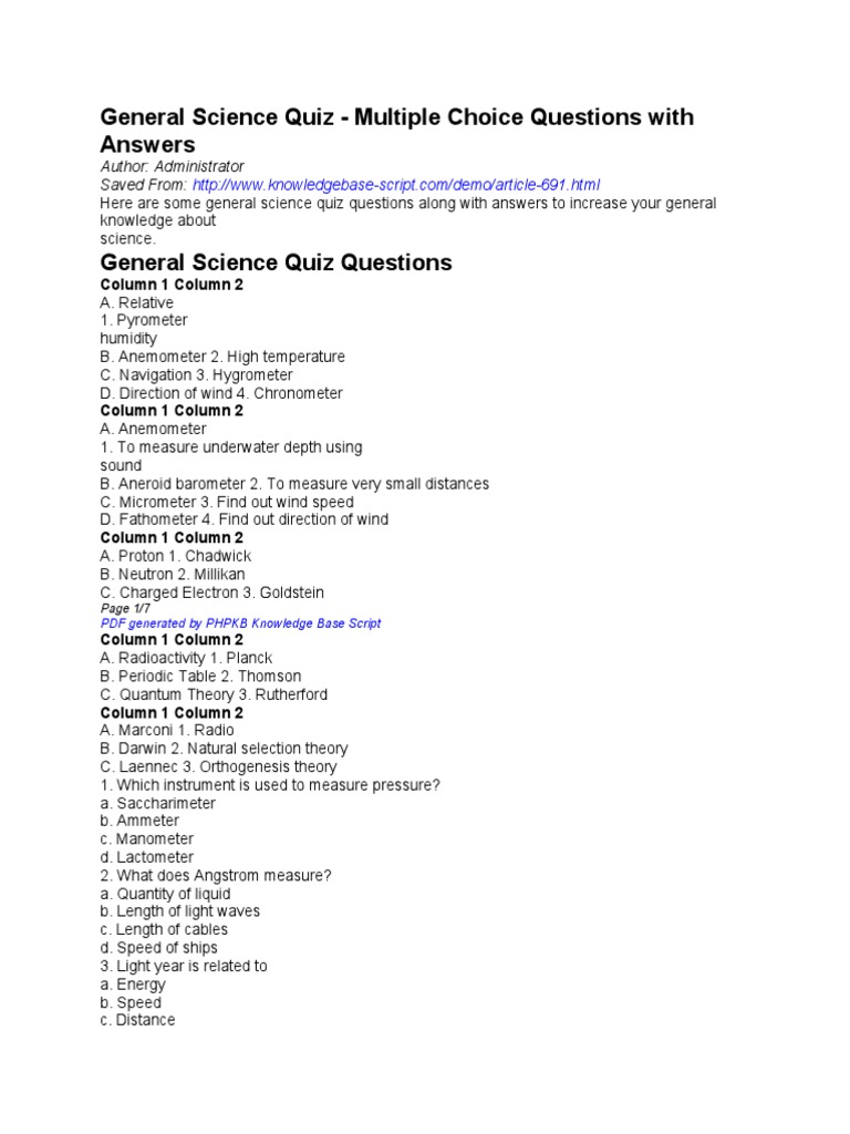 General Science Quiz Multiple Choice Questions With Answers Pdf