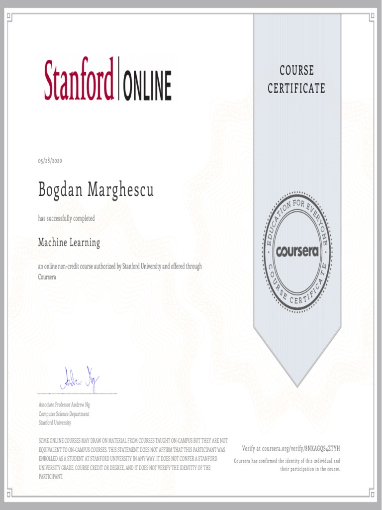 Coursera Machine Learning Stanford Certificate | PDF | Educational ...
