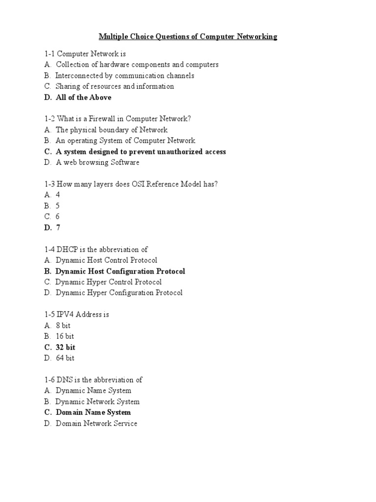 Multiple Choice Questions of Computer Networking | PDF | Internet ...
