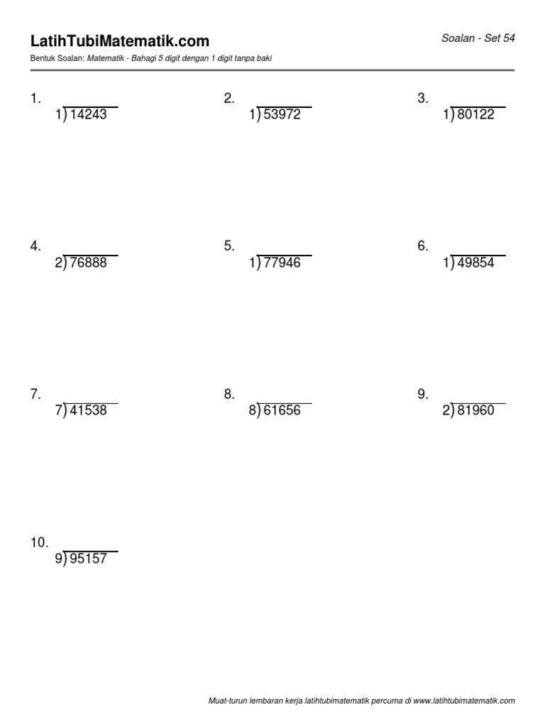 Bahagi 5 Digit Dengan 1 Digit Tanpa Baki Set 54 PDF | PDF