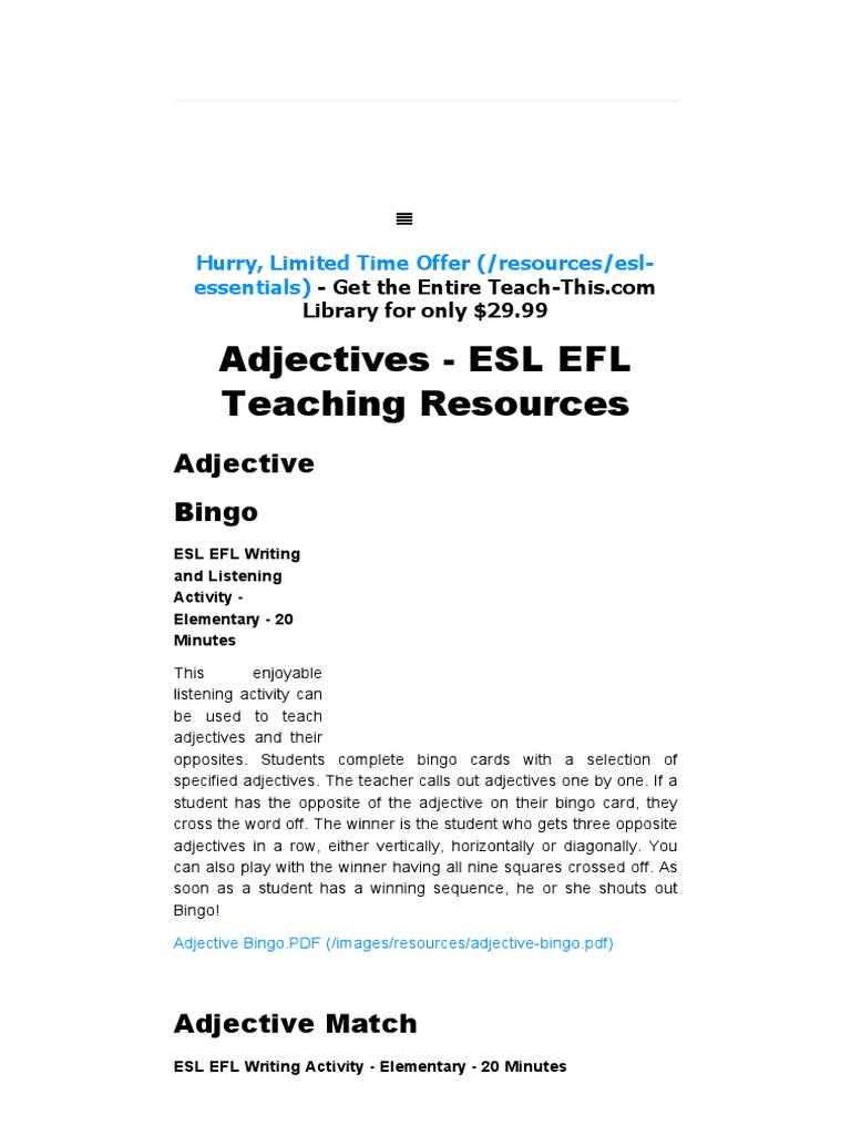 Adjectives - ESL EFL Teaching Resources PDF | PDF