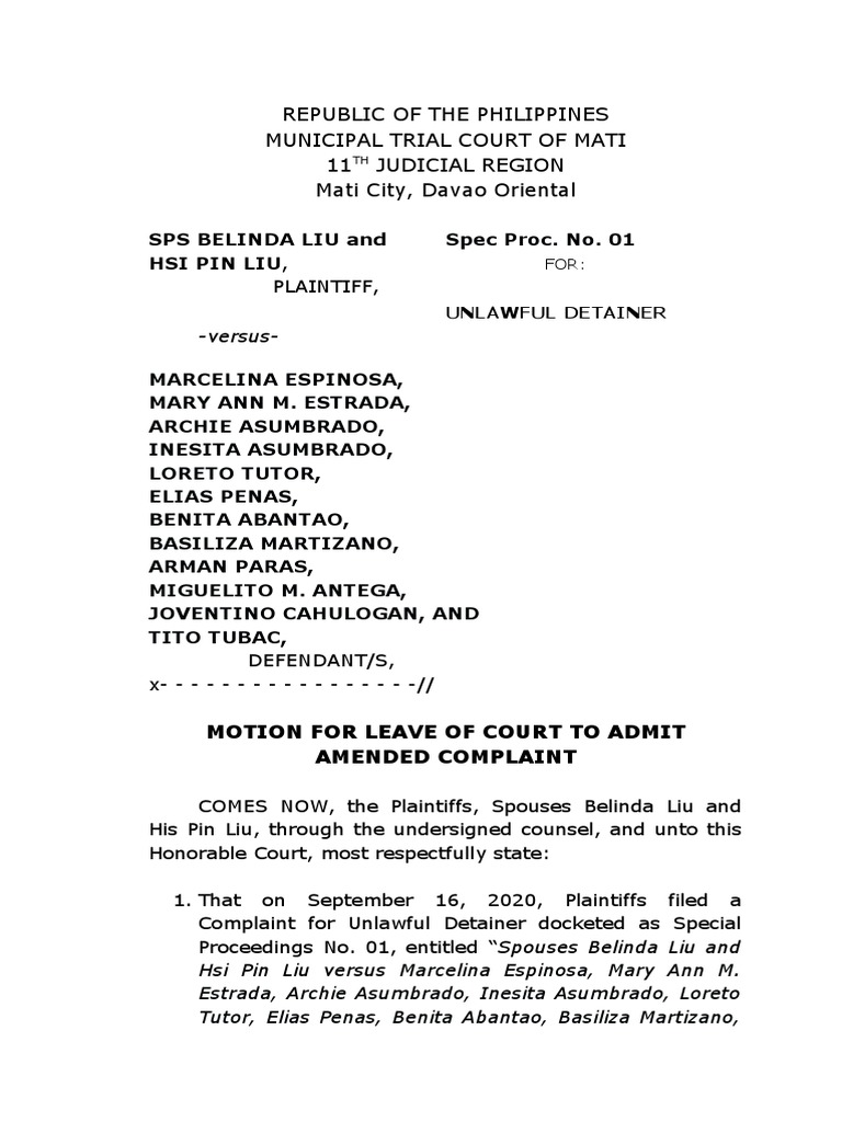 Motion for Leave of Court to Admit Amended Complaint in a Case of ...