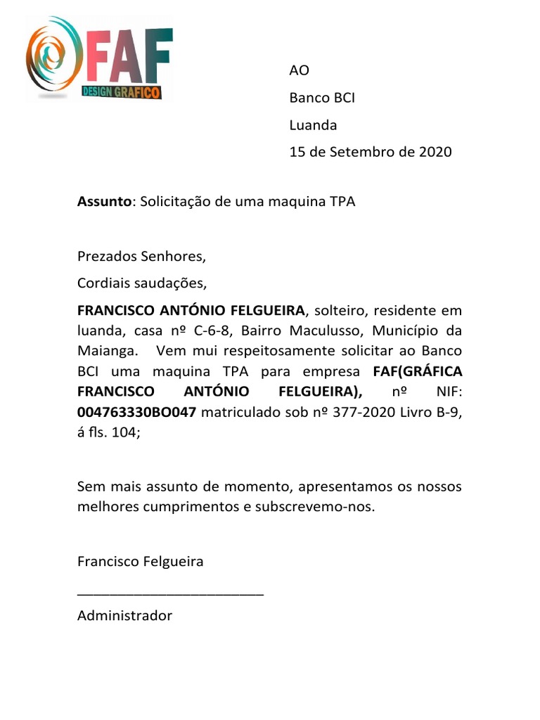 Solicitação de uma máquina TPA para a empresa FAF (Gráfica Francisco ...