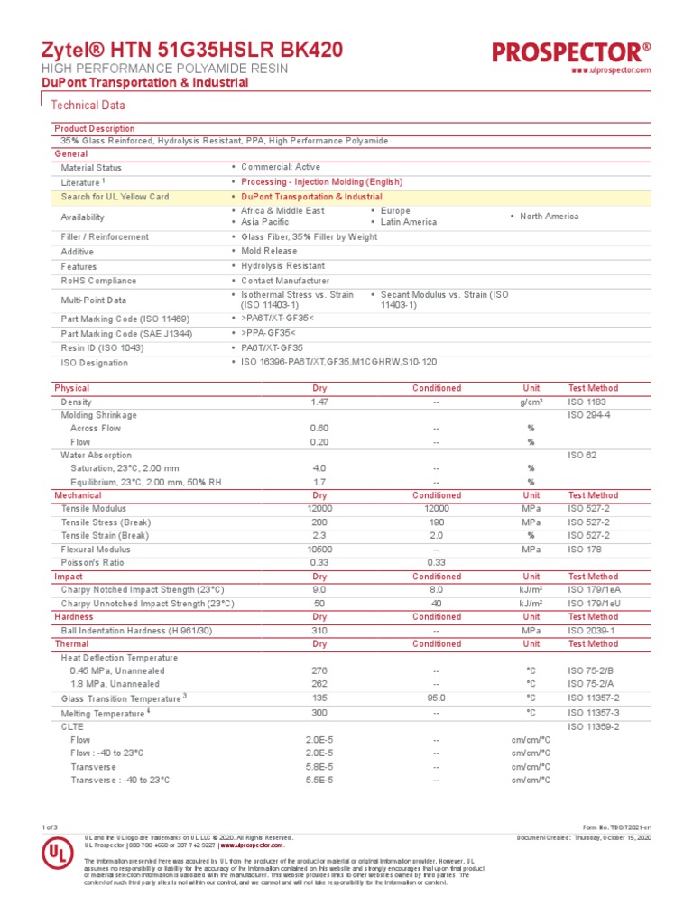 Zytel® HTN 51G35HSLR BK420 | PDF | Young's Modulus | Materials Science