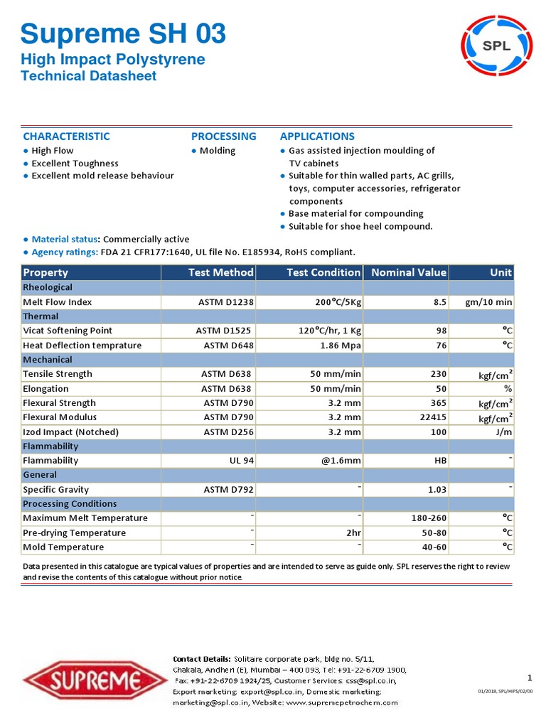 Supreme SH 03 High Impact Polystyrene Technical Datasheet | PDF ...