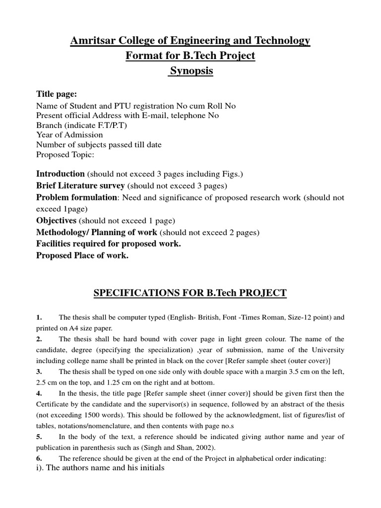 Amritsar College of Engineering and Technology Format For B.Tech Project Synopsis | PDF | Thesis ...
