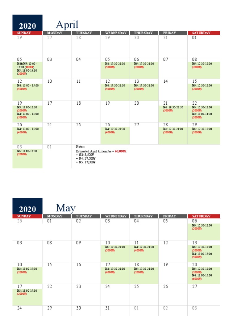 April: Sunday Monday Tuesday Wednesday Thursday Friday Saturday | PDF