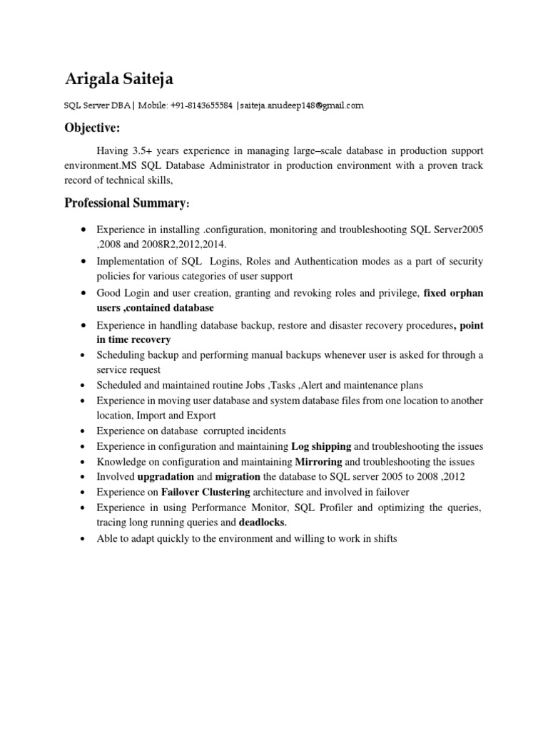 Saiteja Resume Pdf Pdf Microsoft Sql Server Databases