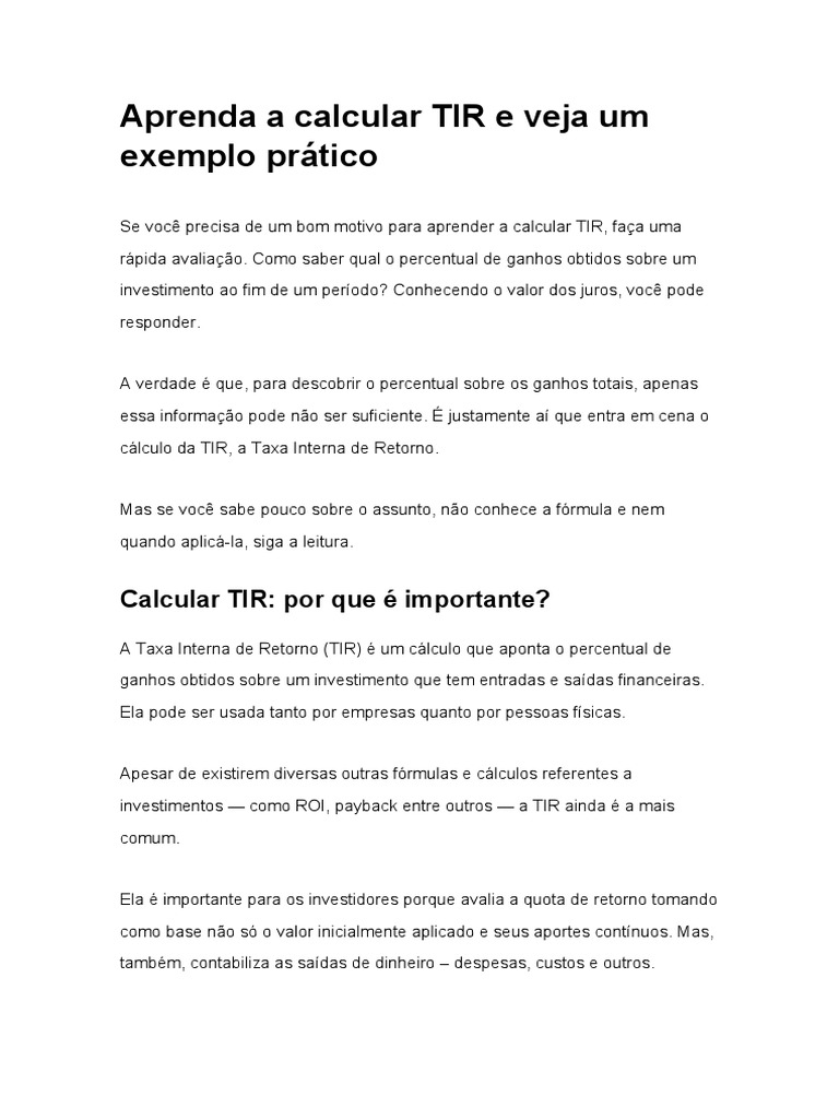 Aprenda A Calcular TIR e Veja Um Exemplo Prático | PDF | Valor Presente ...