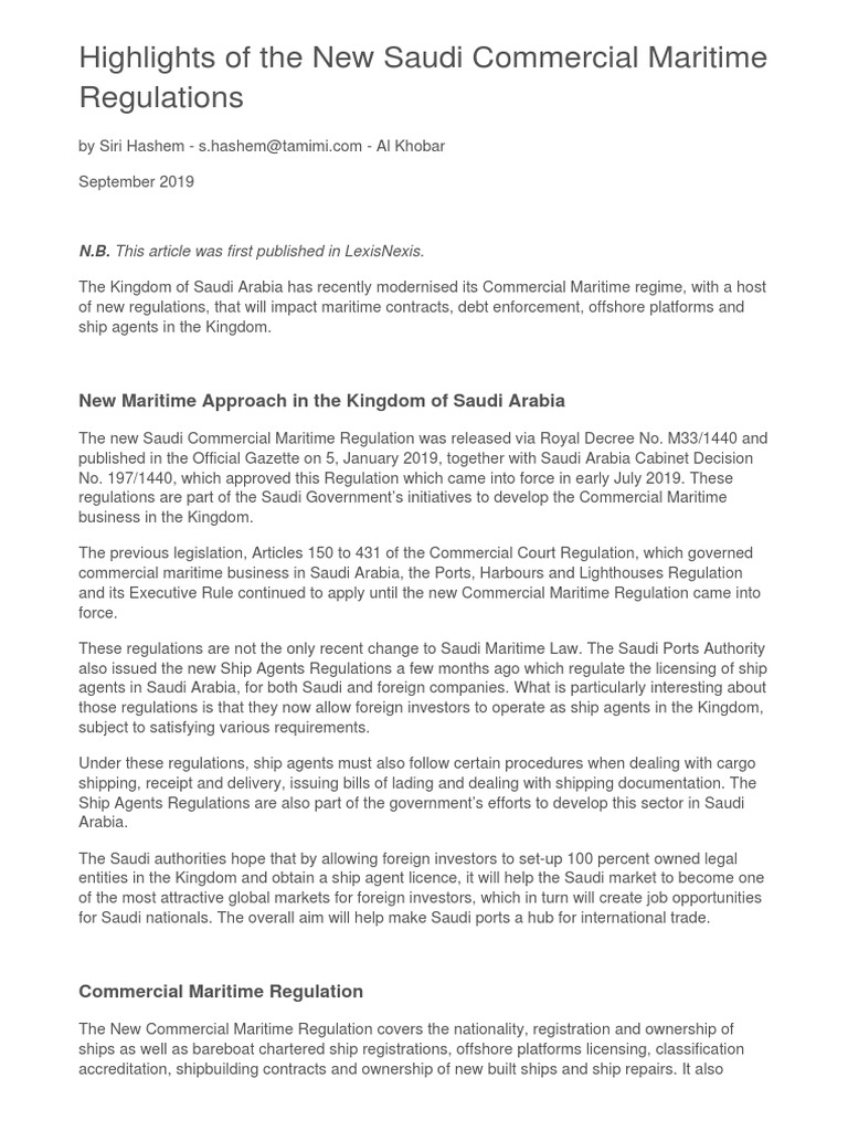 Highlights of The New Saudi Commercial Maritime Regulations | PDF ...