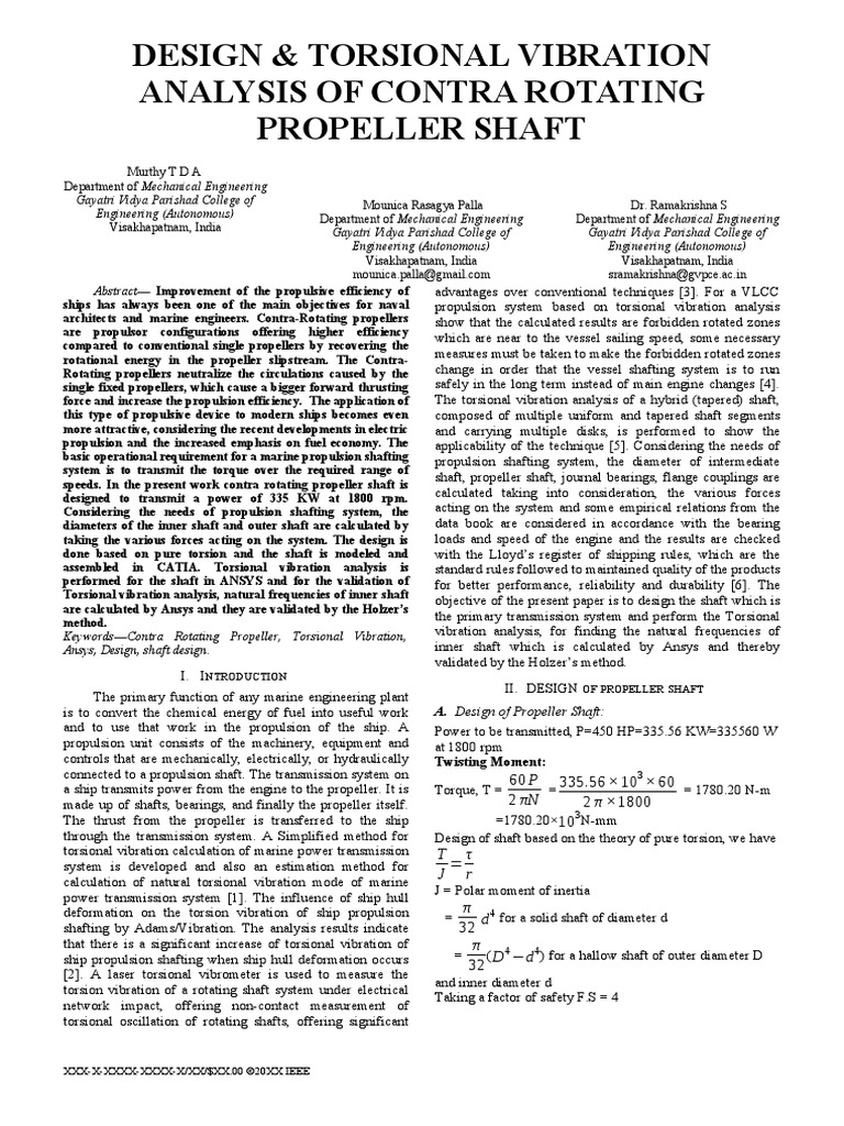 DESIGN & TORSIONAL VIBRATION ANALYSIS OF CONTRA ROTATING PROPELLER ...