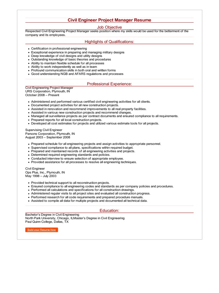Civil Engineer Project Manager Resume PDF | PDF | Civil Engineering ...