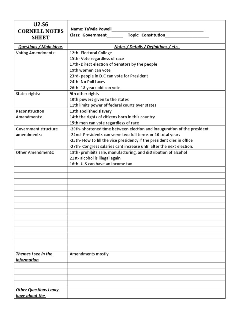 Cornell Notes Sheet: Questions / Main Ideas Notes / Details ...
